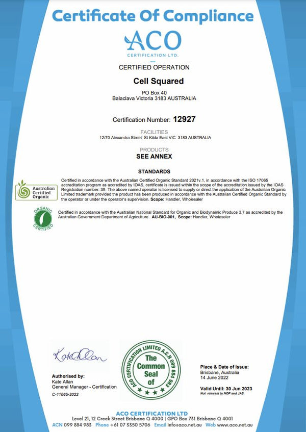 ACO Organic Certification | Cell Squared Australia